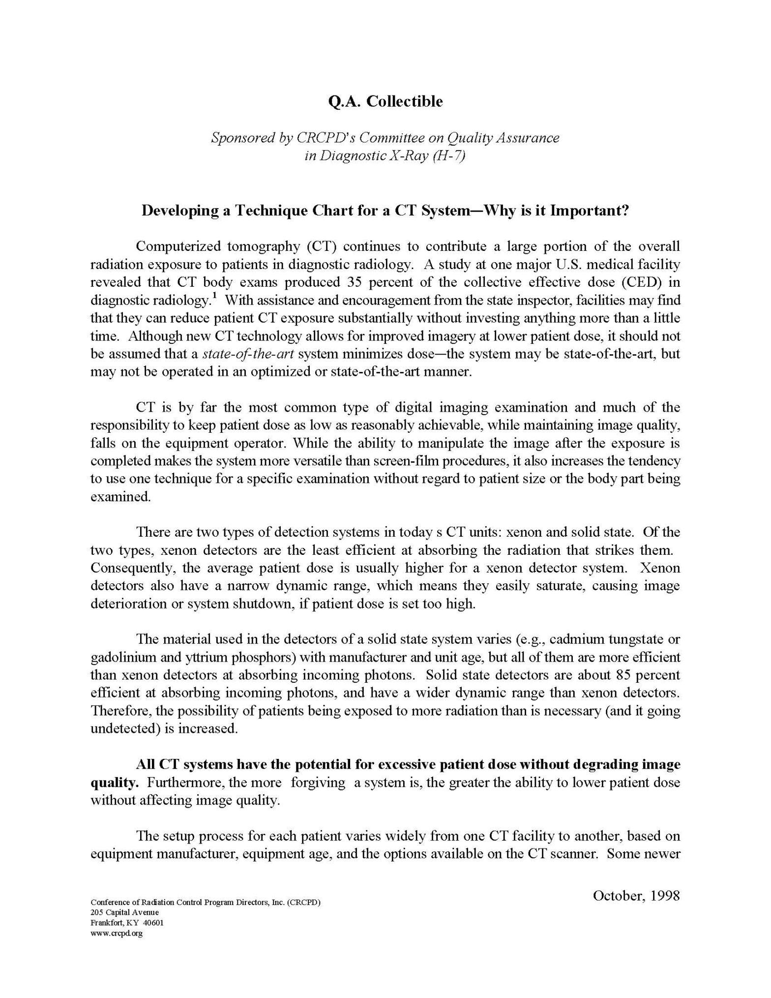 Developing a Technique Chart for a CT System: Why is it Important? - CRCPD
