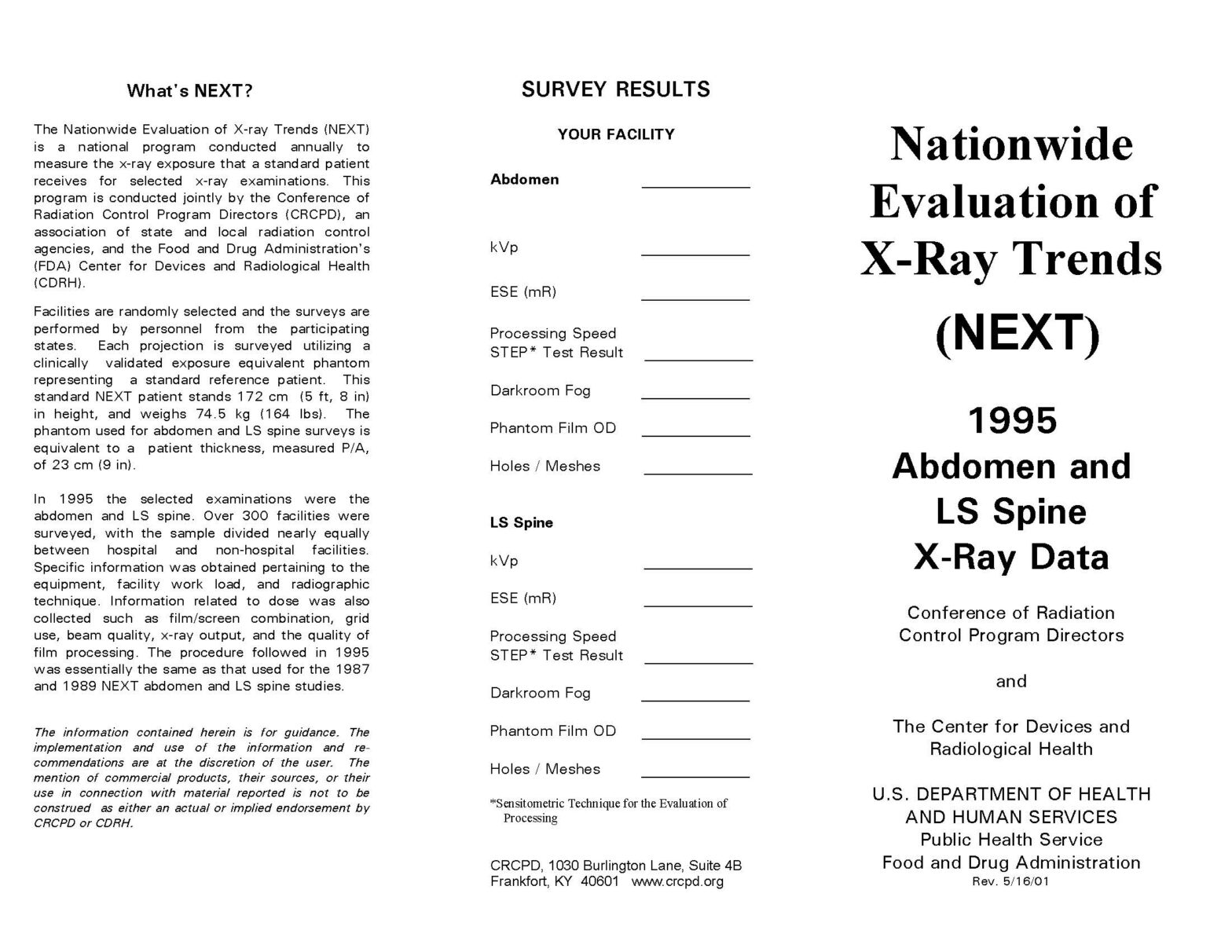 Nationwide Evaluation of X-Ray Trends (Next) 1995 Abdomen and LS Spine X-Ray Data - CRCPD
