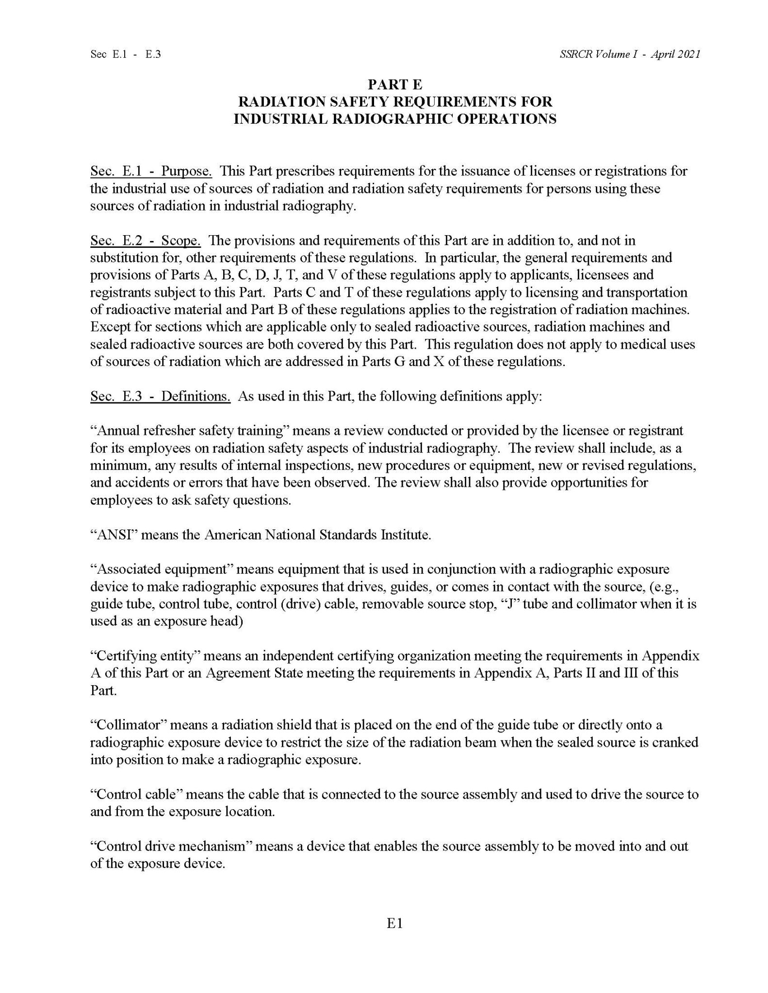 Part E - Radiation Safety Requirements for Industrial Radiographic ...