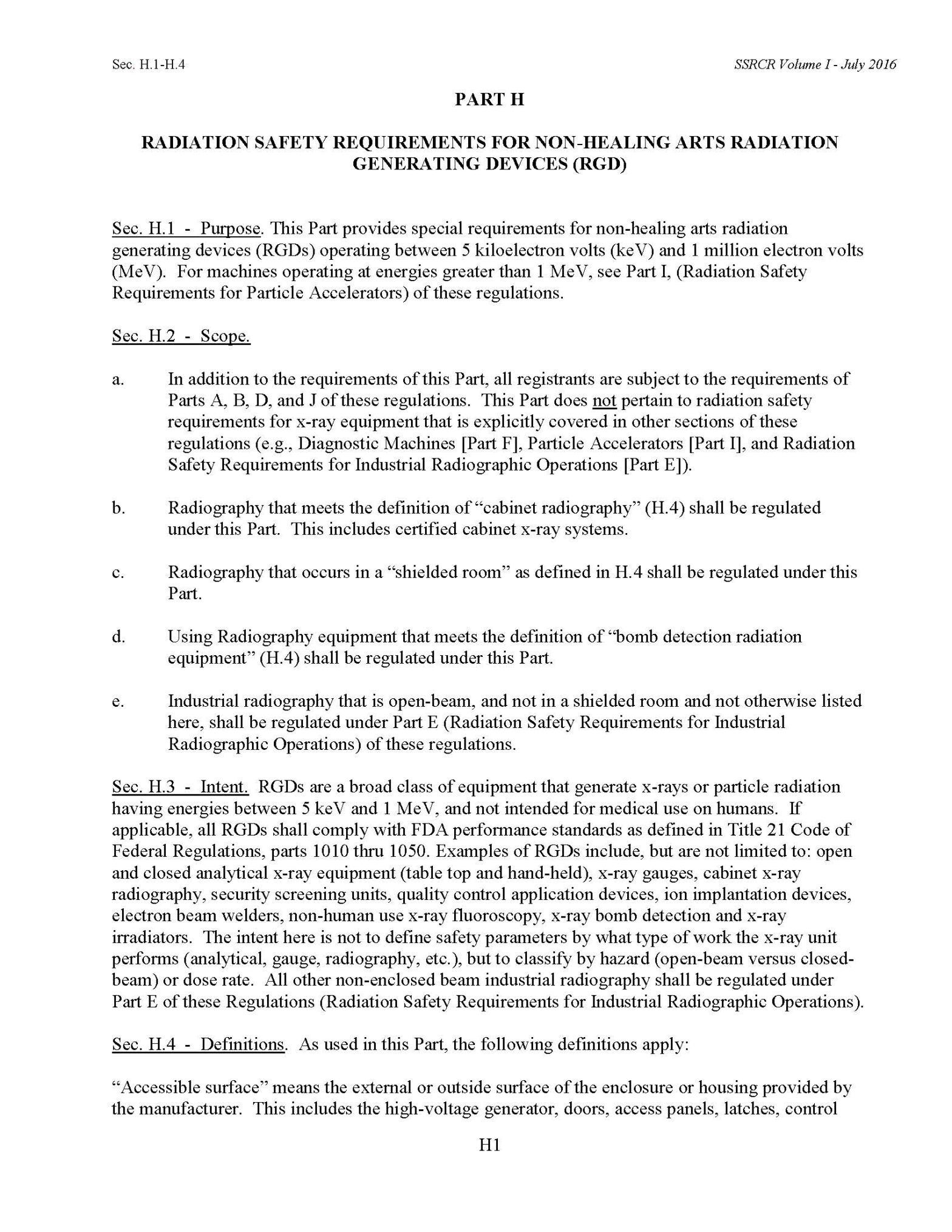 Part H - Radiation Safety Requirements for Non-Healing Arts Radiation Generating Device - CRCPD